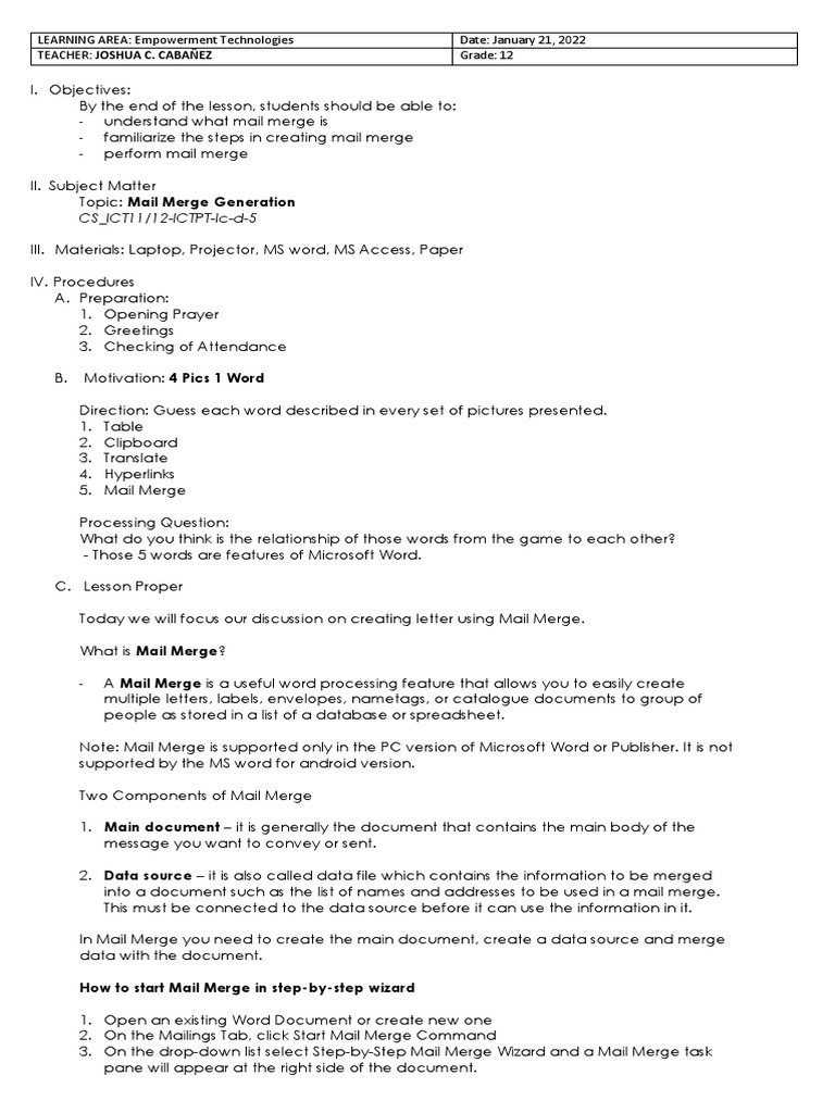 Mail Merge Lesson Plan for Students | PDF | Mail | Microsoft Word