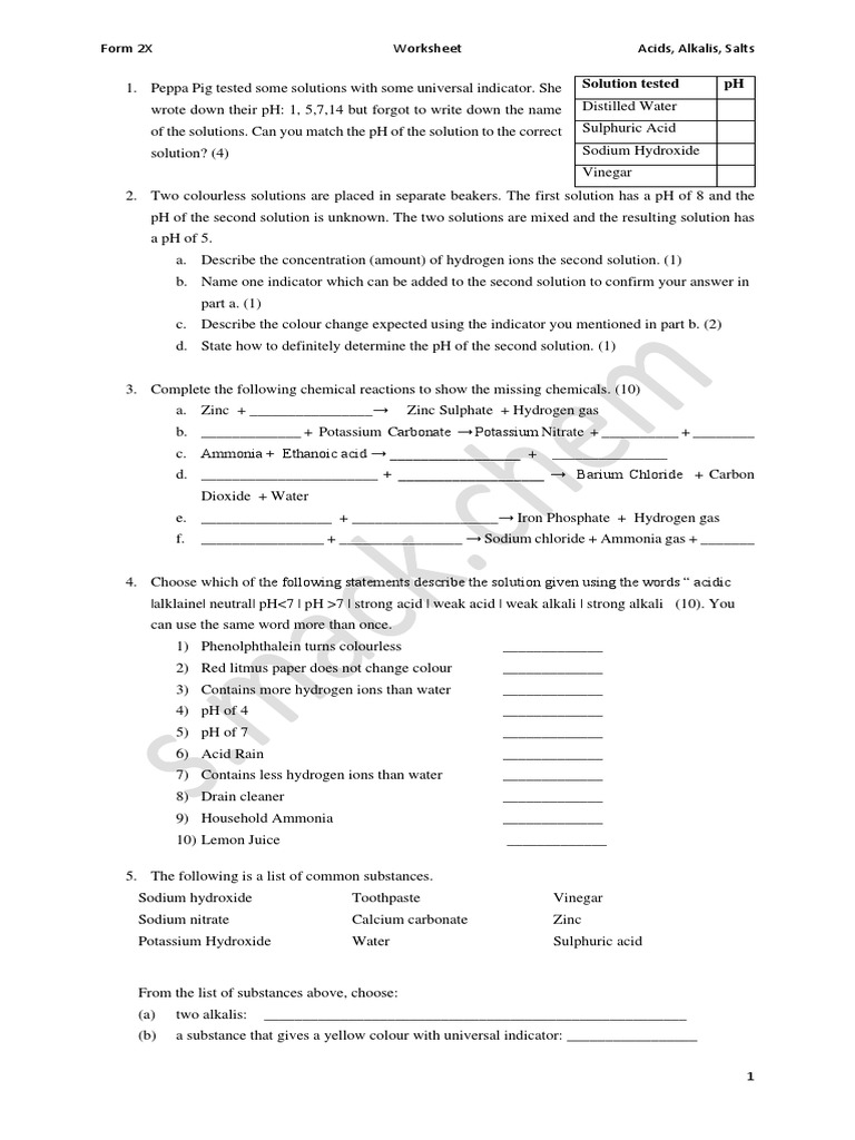 Worksheet-Acids and Alkalis | PDF | Ph | Acid