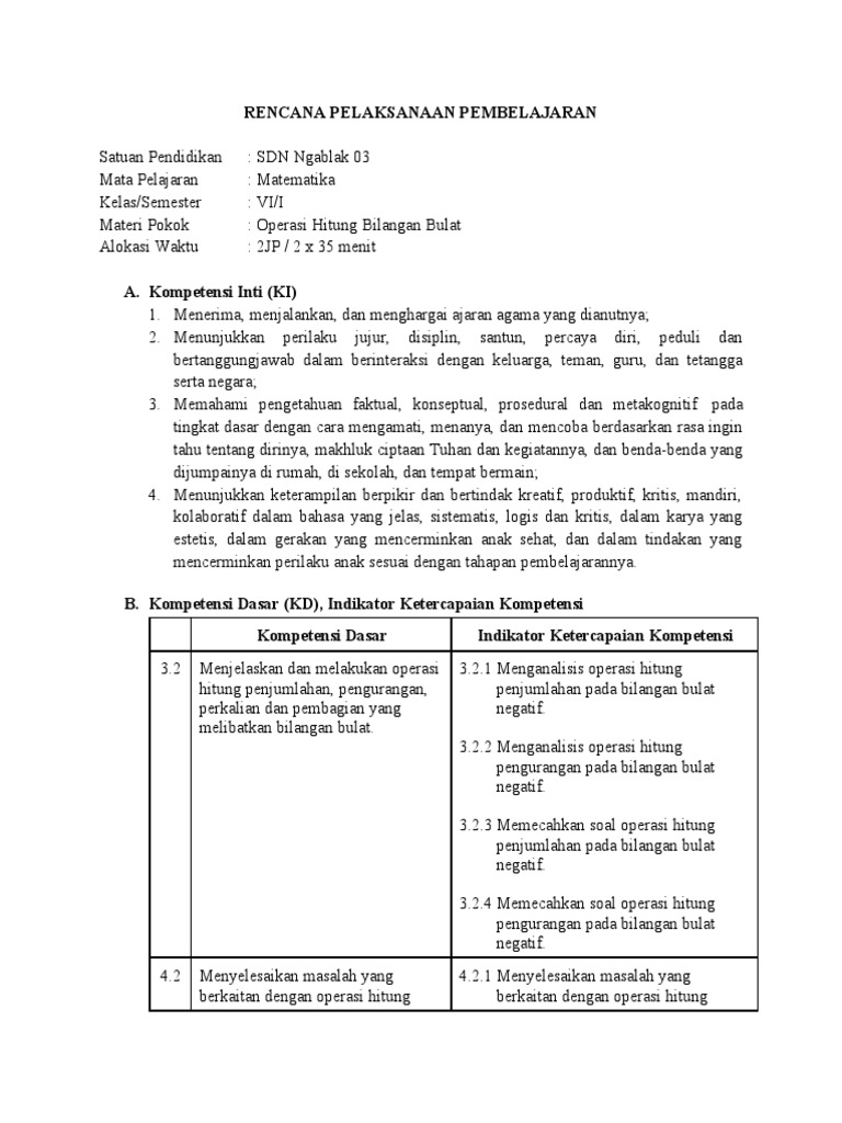 RPP Bilangan Bulat PBL | PDF