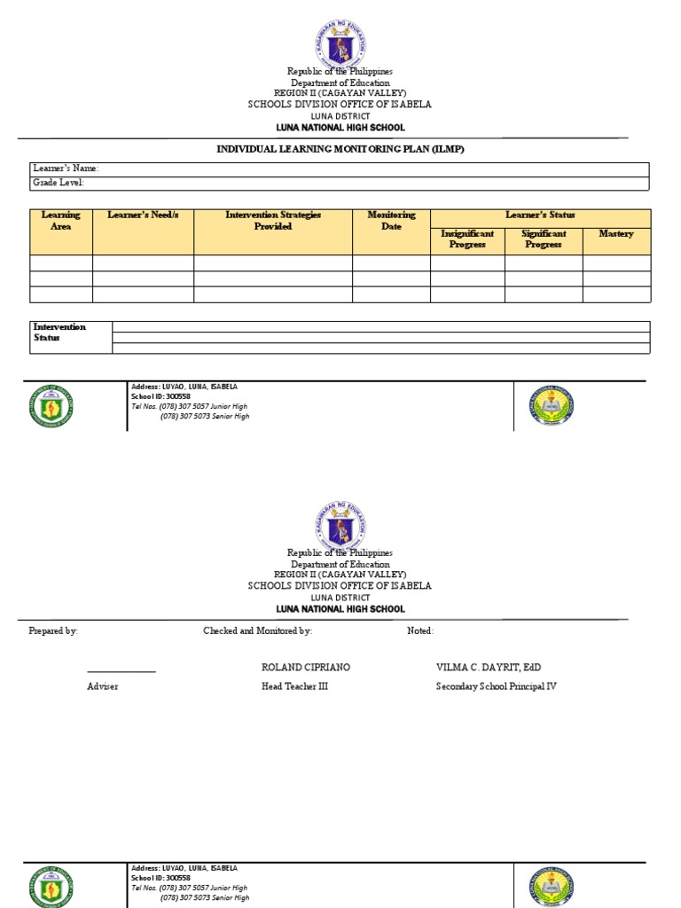 Individual Learning Monitoring Plan ILMP Template... | PDF | Learning | Cognitive Psychology