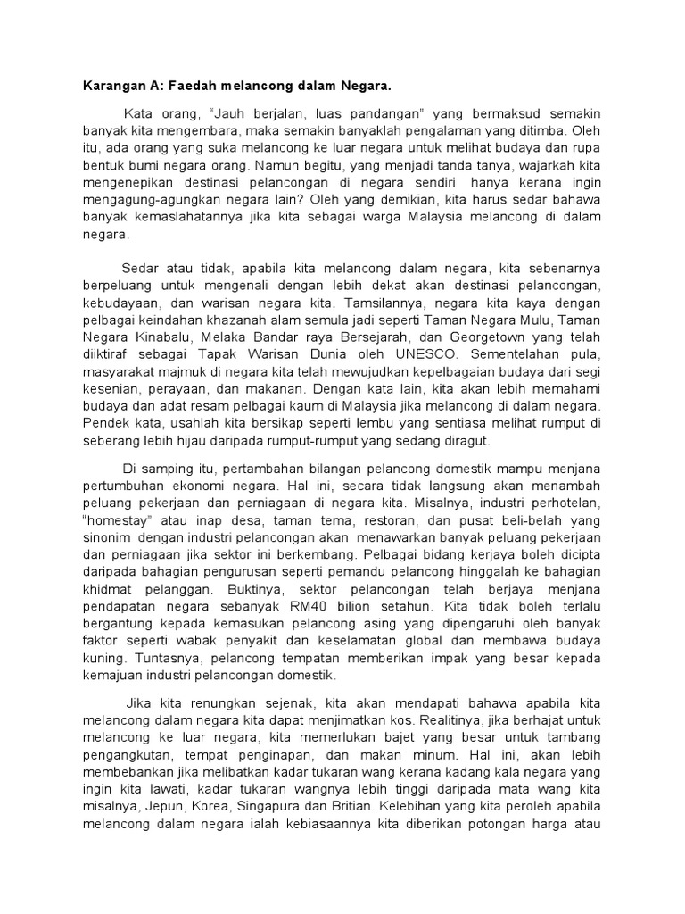 Karangan A (Faedah Melancong Dalam Negara) | PDF Karangan A (Faedah Melancong Dalam Negara) | PDF