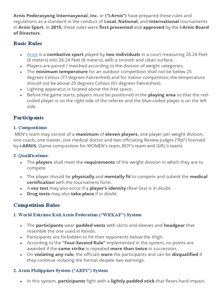 Arnis Rules and Technicals | PDF | Melee Weapons | Blade Weapons