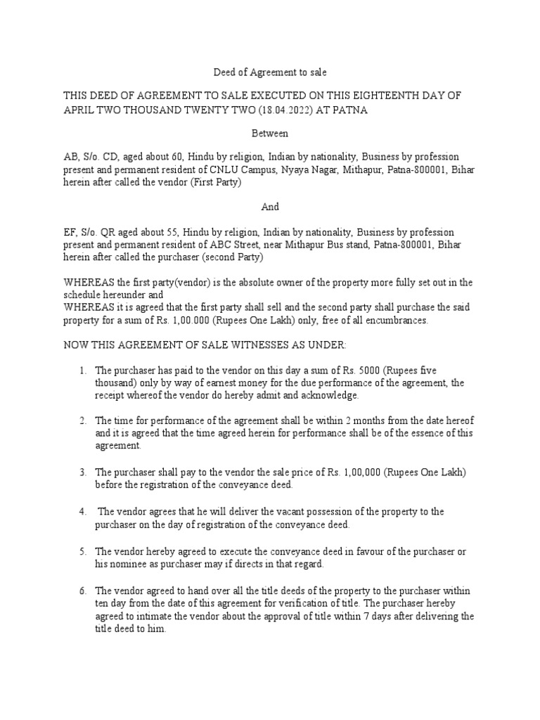 Agreement Deed | PDF | Deed | Property