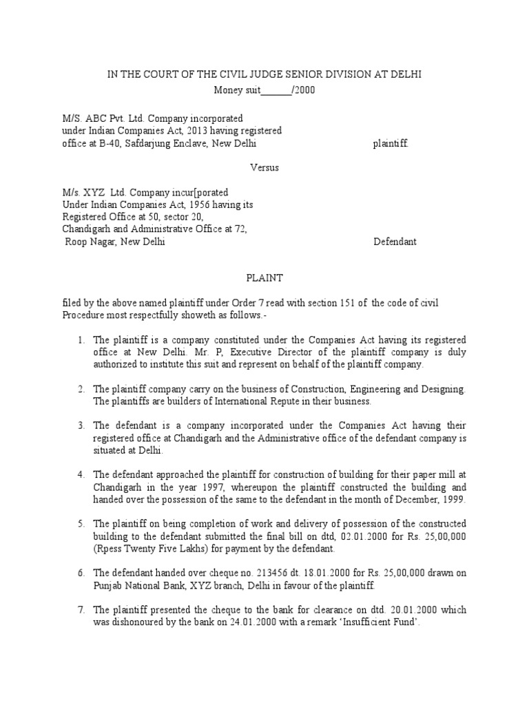 Plaint - Suit For Recovery of Money | Download Free PDF | Cheque | Lawsuit