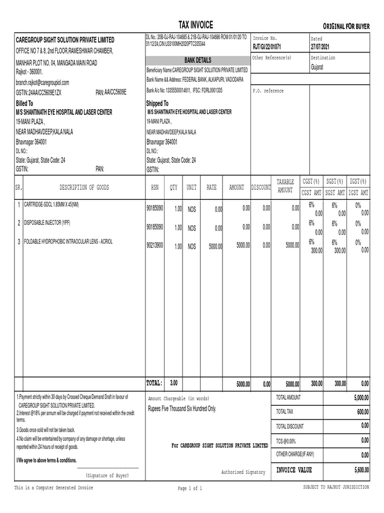 Tax Invoice: Caregroup Sight Solution Private Limited | PDF | Invoice ...