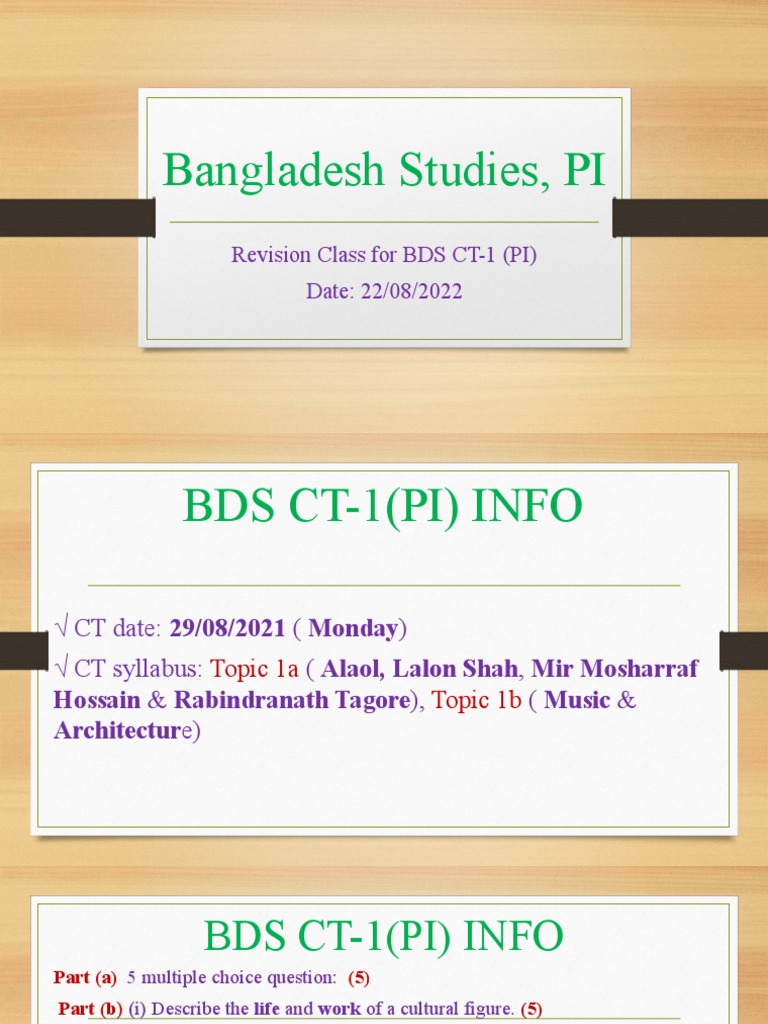 Preparing for the Bangladesh Studies BDS CT-1(PI) Exam: A Revision Class Covering Important ...