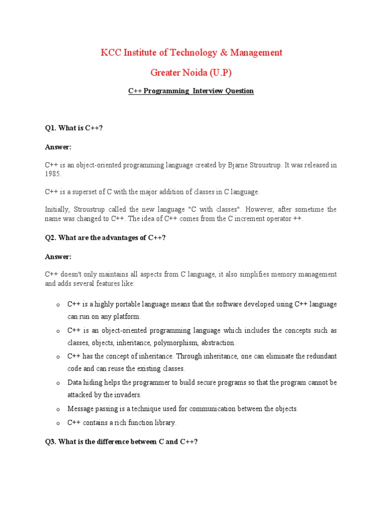C++ Programming Interview Question | PDF | C++ | Class (Computer ...