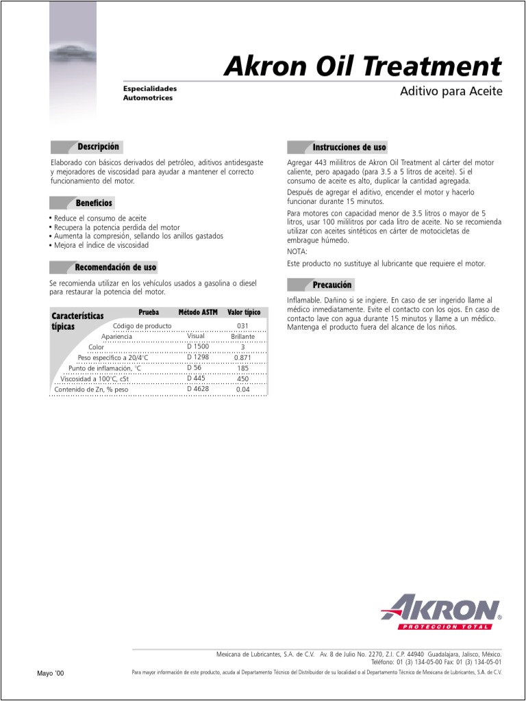 Aditivo Akron: Mejora Potencia Motor | PDF | Lubricante | Petróleo