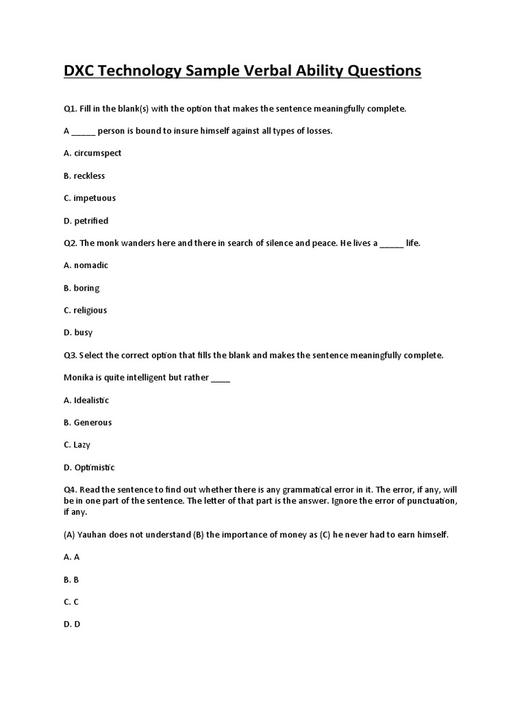 DXC Verbal Ability Test Paper | PDF | Verb | Linguistics