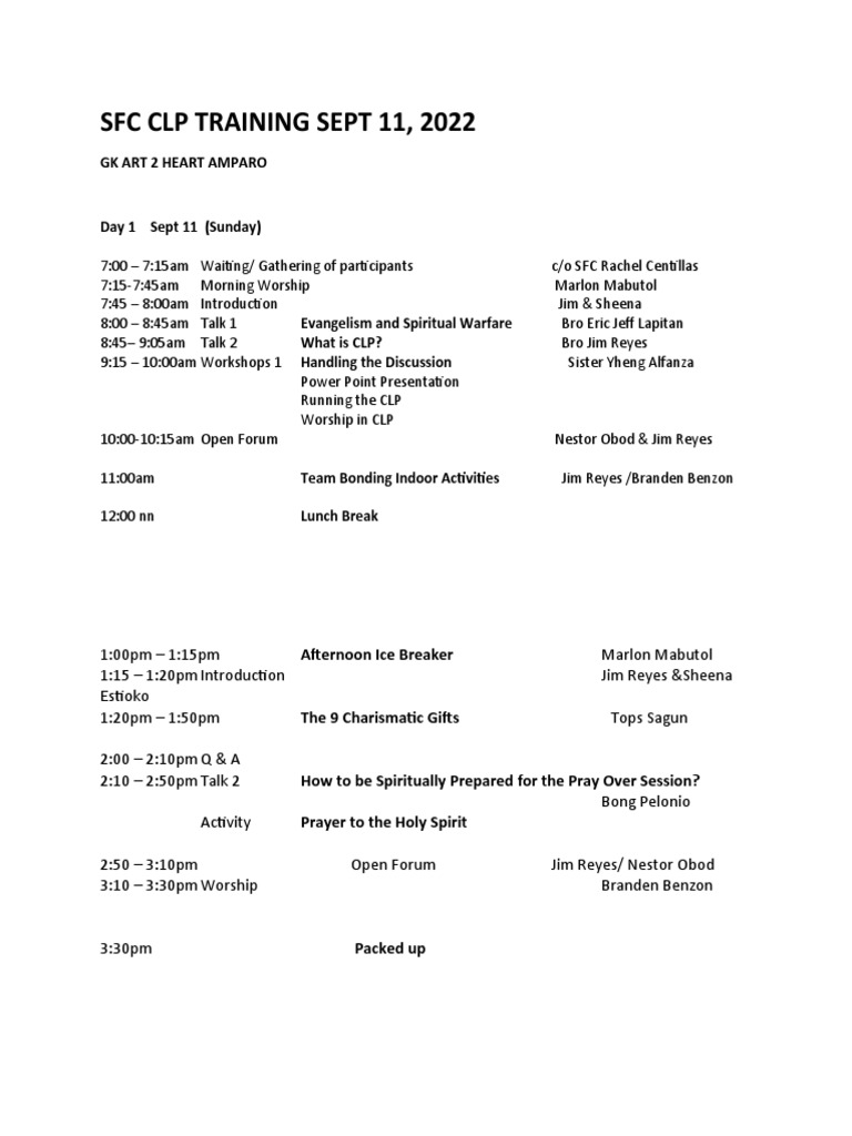 Sched Sept 11 SFC CLP v.20 Training | PDF