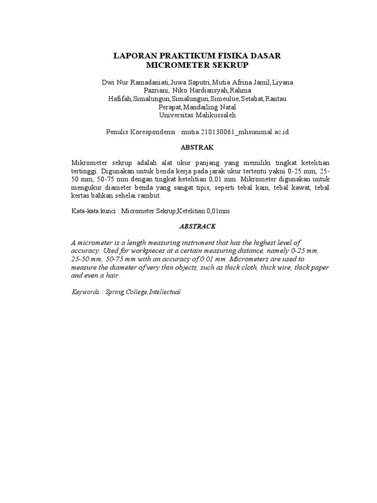 Laporan Praktikum Fisika Dasar 1 Micrometer Secrup | PDF | Metode ...