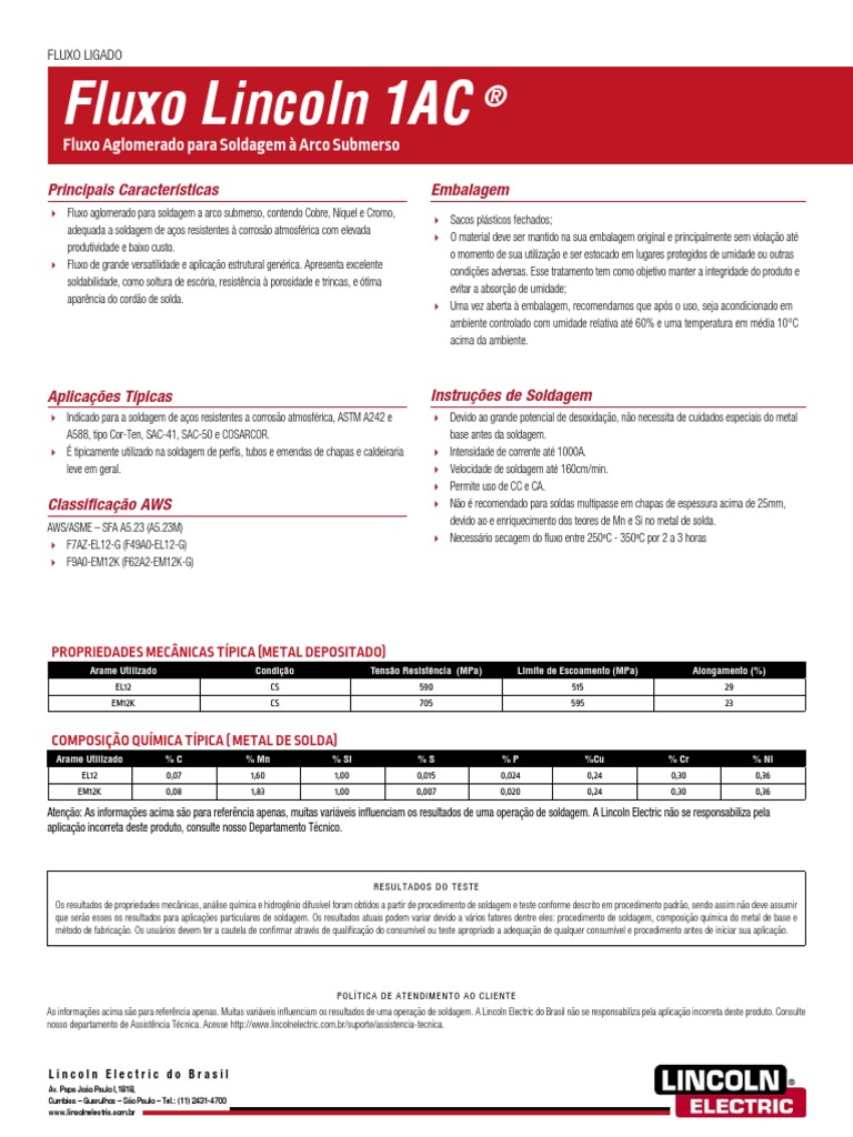 E Ficha Tecnica Fluxo Lincoln 1 AC | PDF | Aço | Corrosão