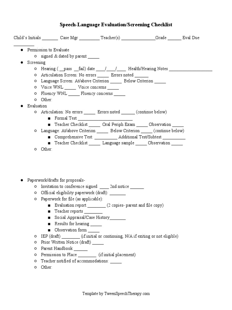Speech-Language Evaluation/Screening Checklist | PDF