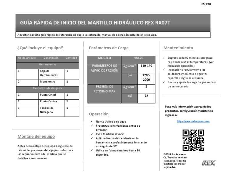 Guía Rápida Martillo Hidráulico Rex RX07T | PDF
