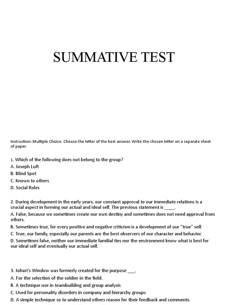 Summative Test Multiple Choice Questions | PDF