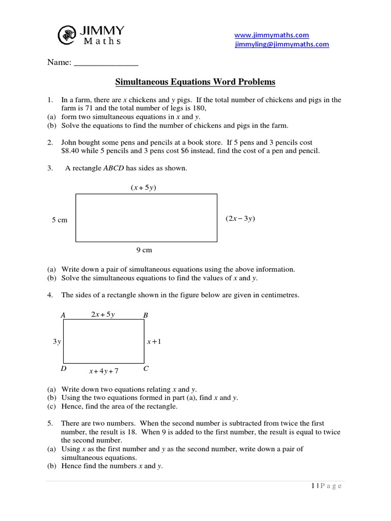 Simultaneous Equations Word Problems | PDF | Length | Speed