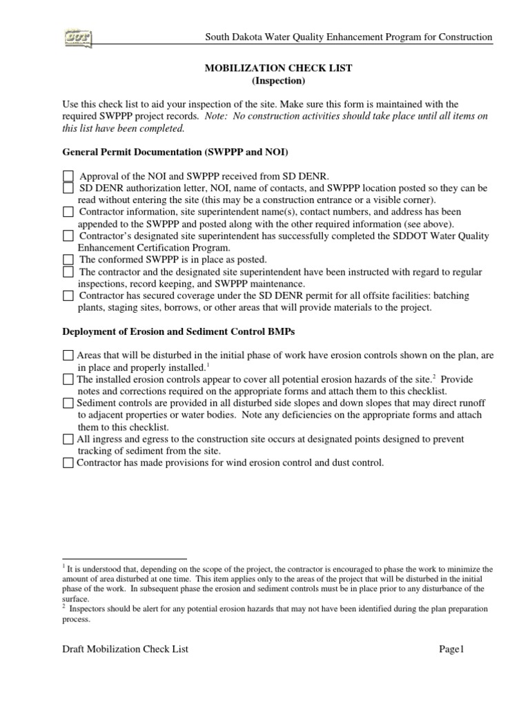 Mobilization Checklist | PDF | Erosion | Waste Management
