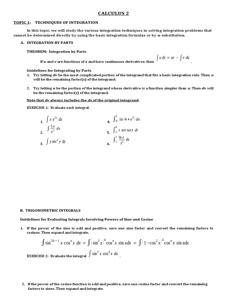 CALCULUS II Techniques of Integration | PDF | Trigonometric Functions | Integral