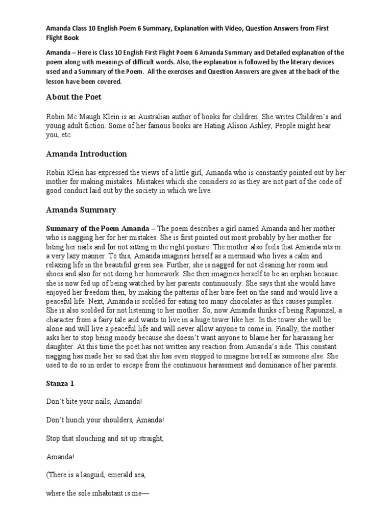 Amanda Poem Summary for Class 10 | PDF | Rhyme | Rapunzel