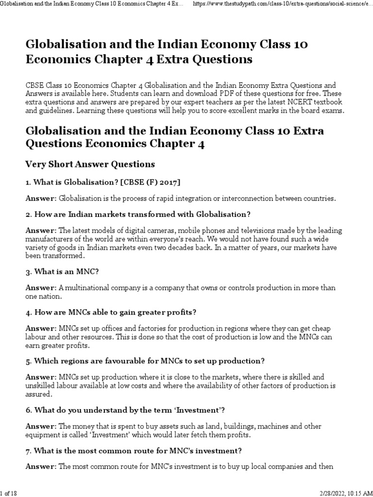 Understanding Globalization and the Indian Economy through Extra Questions and Answers | PDF ...