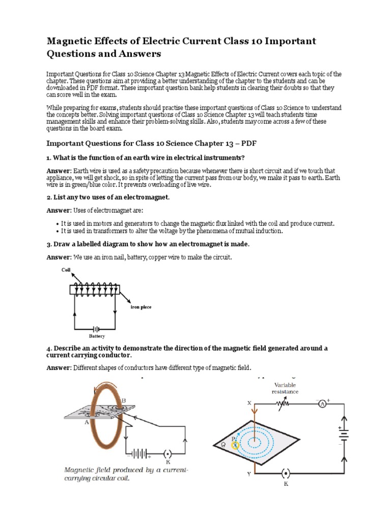 Magnetic Effects of Electric Current Class 10 Important Questions and Answers | PDF | Magnetic ...