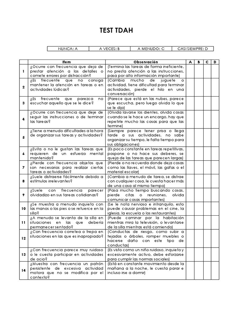 Test de TDAH: Evaluación de Síntomas | PDF