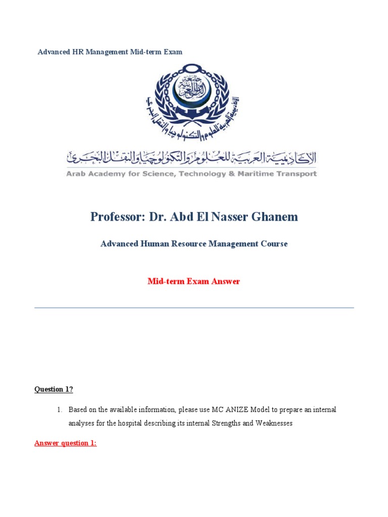 AAST HRM Mid Exam Answer | PDF | Human Resource Management | Hospital