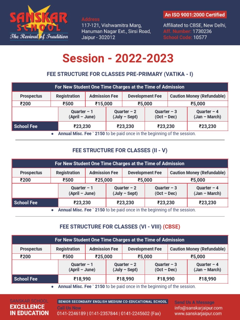 SanskarSchool CBSE Fee Structure 2022 23 | PDF | Fee | Market (Economics)