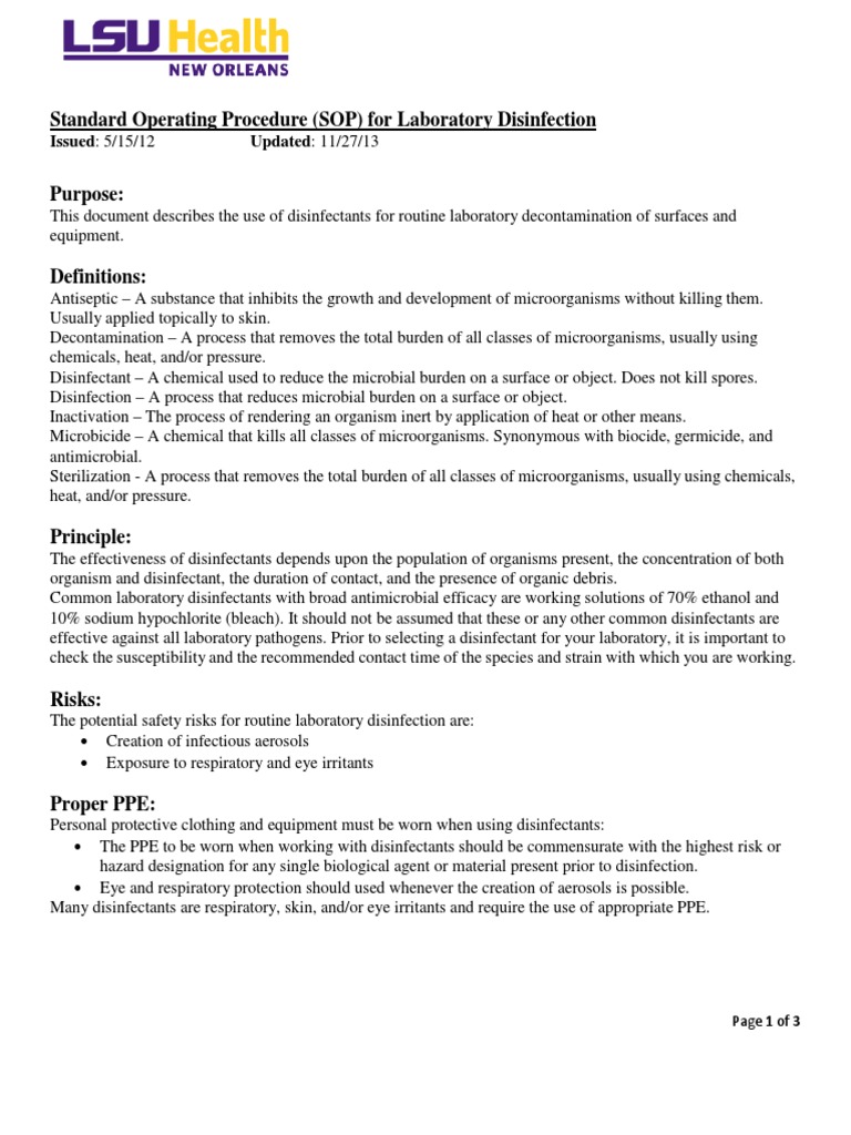Laboratory Disinfection SOP | PDF | Disinfectant | Antimicrobial