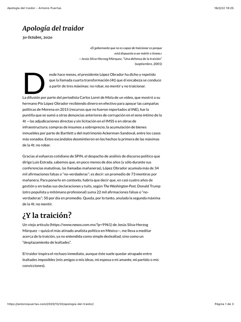 Apología Del Traidor - Antonio Puertas | PDF | Traición