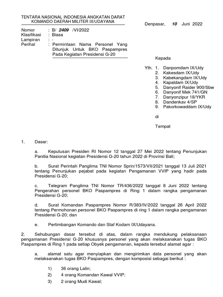 Surat Permintaan Personel Bko Paspampres | PDF