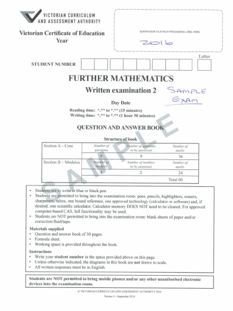 2016 VCAA Sample Exam 2 and Solutions | PDF