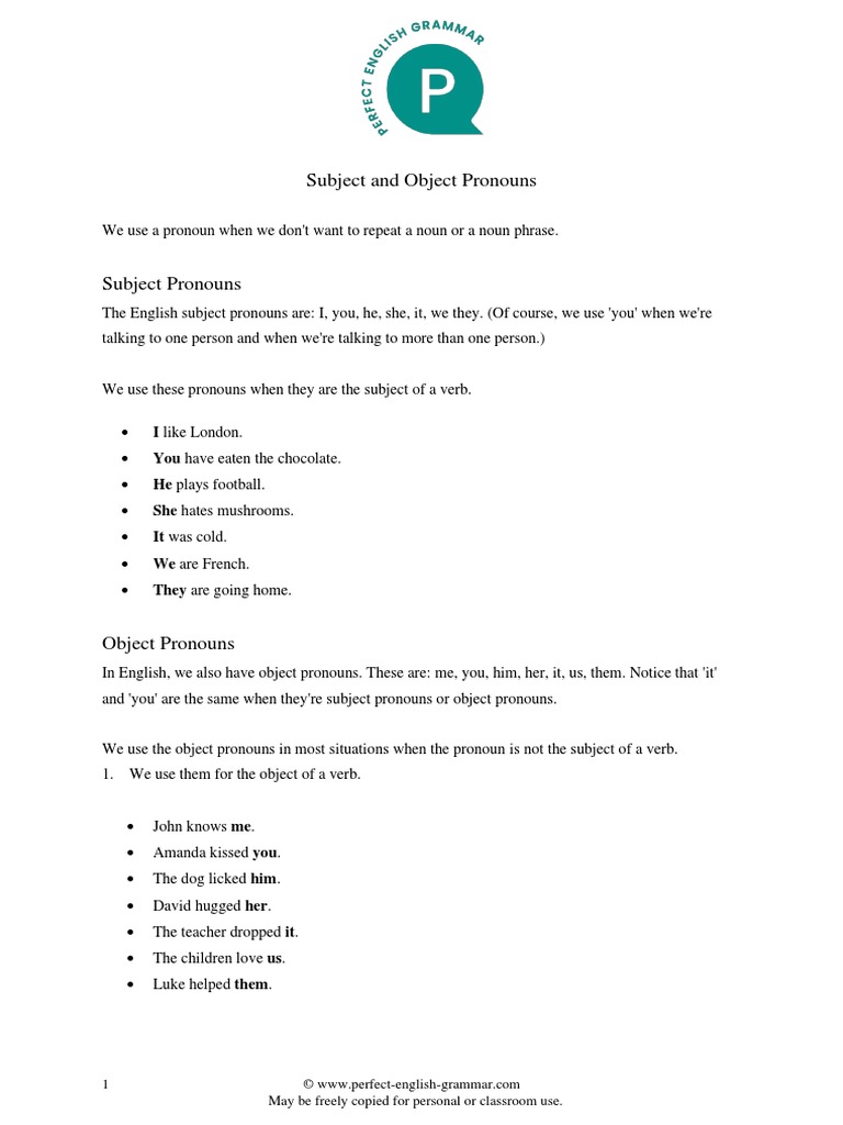 Subject Object Pronouns Explanation | PDF | English Language | Object ...