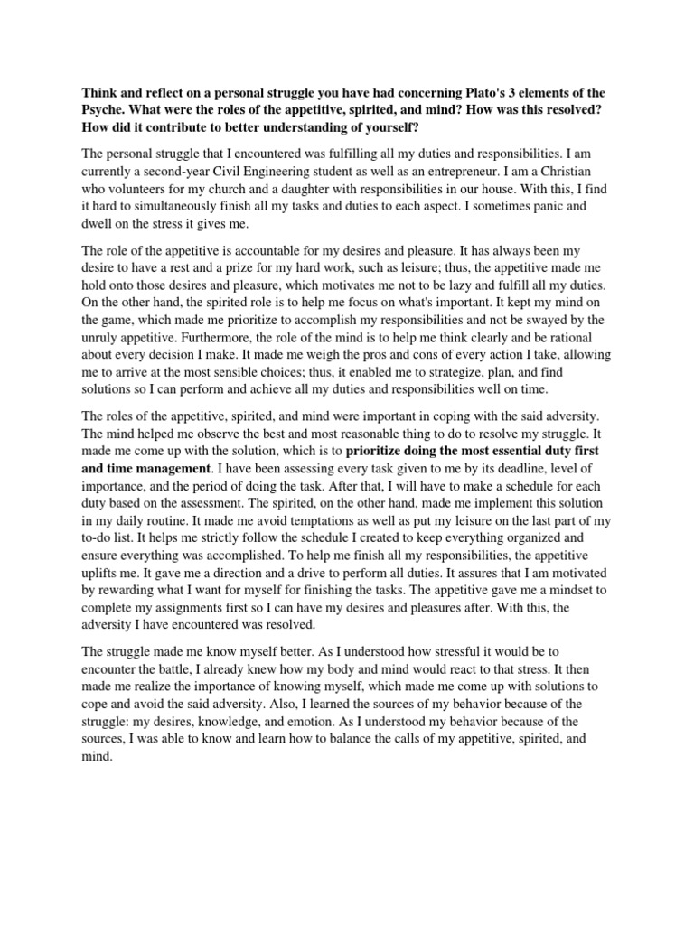 Think and Reflect On A Personal Struggle You Have Had Concerning Plato | PDF | Professional ...