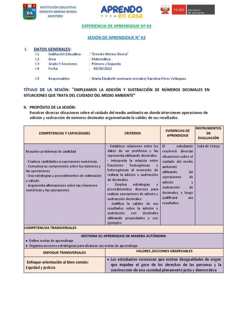 Experiencia 04-Sesion 02 - 1er y 2do Sec Act. | PDF | Decimal | Sustracción