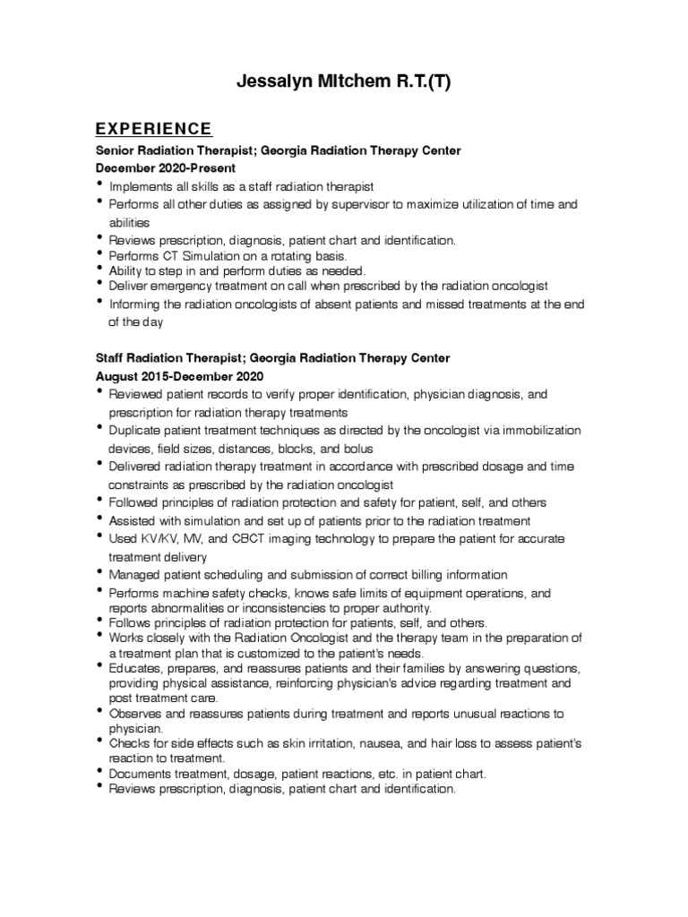 Jessalyn Mitchem-Resume | PDF | Radiation Therapy | Therapy
