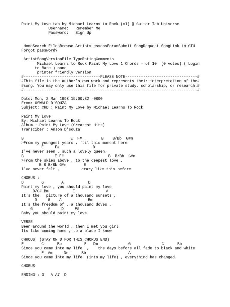 Paint My Love Tab by Michael Learns To Rock (v1) at Guitar Tab Universe ...