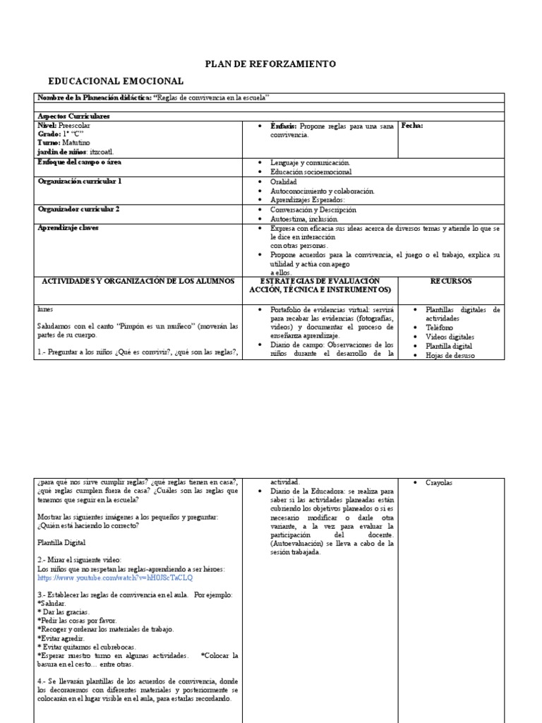 Plan De Reforzamiento Primero C Pdf Educación De La Primera
