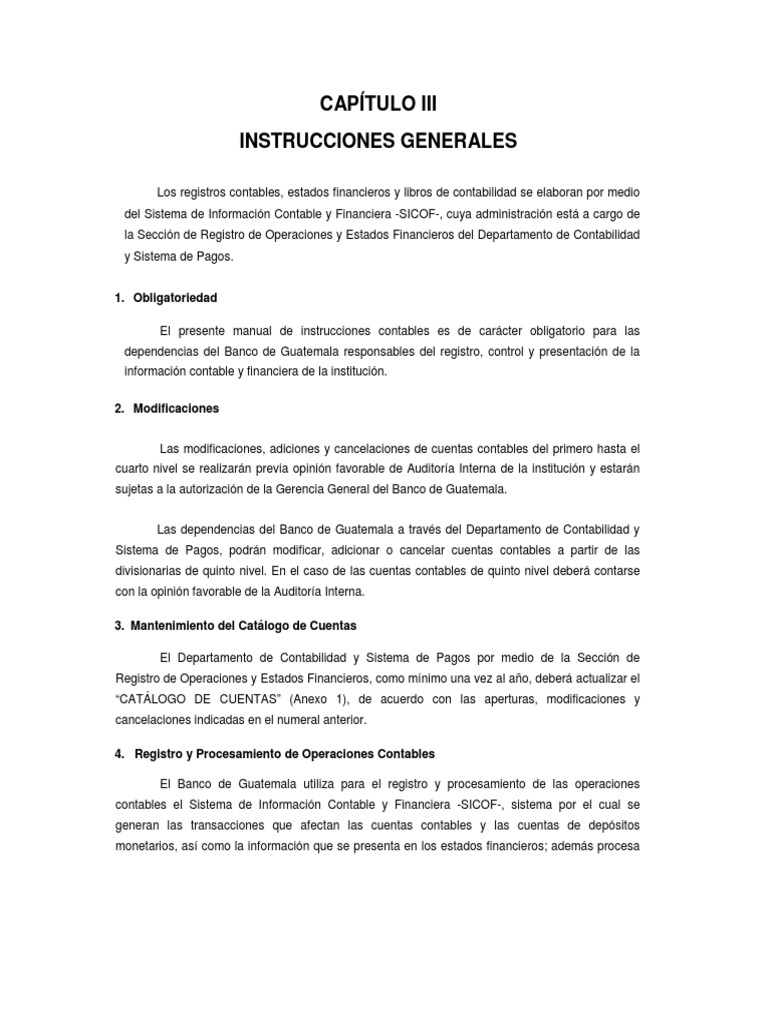 05 CAPITULO III Instrucciones Generales | PDF | Contabilidad | Bancos