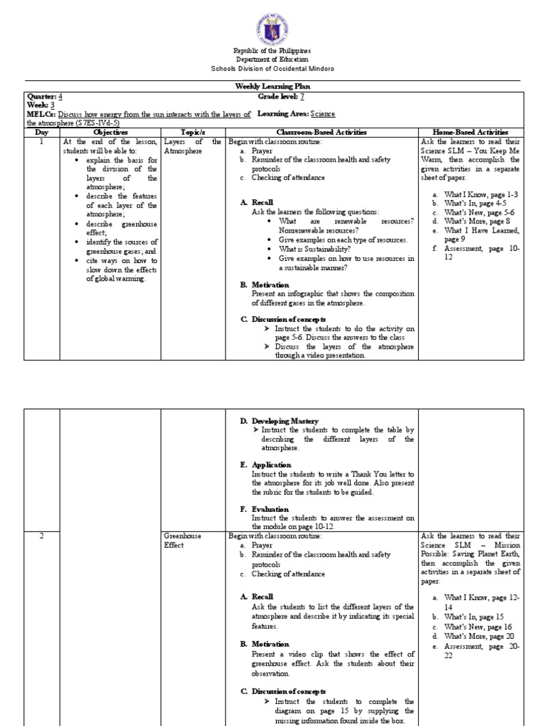 Weekly Learning Plan 3 | PDF | Greenhouse Effect | Learning
