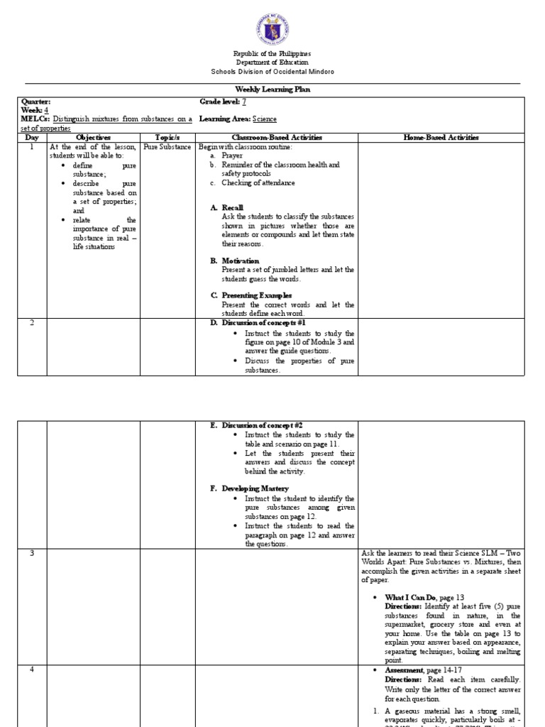 Weekly Learning Plan Q1 Week 4 | PDF | Chemical Substances | Learning