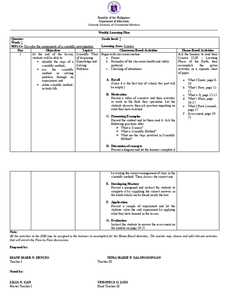 Weekly Learning Plan Q1W1 | PDF | Learning | Scientific Method