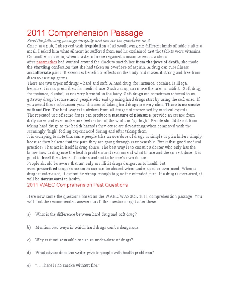 Ss1-Ss3 Waec English Comprehension | PDF | Recreational Drug Use | Drugs