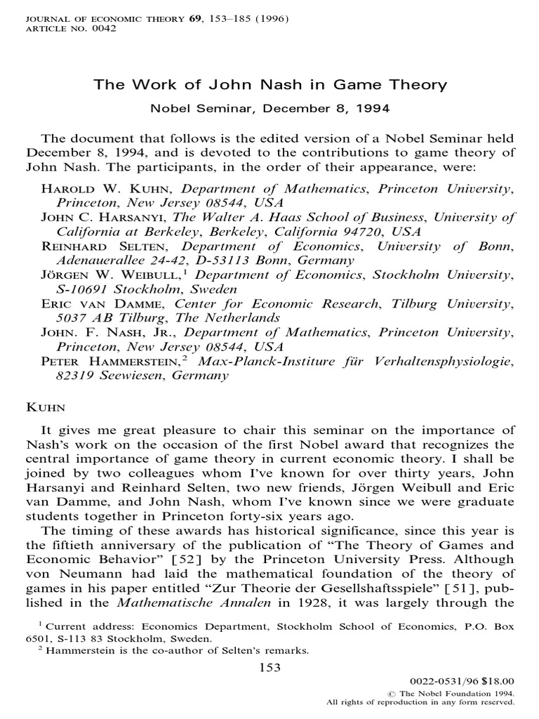 The Work of John Nash in Game Theory - Nobel Seminar 1994 | PDF | Game ...