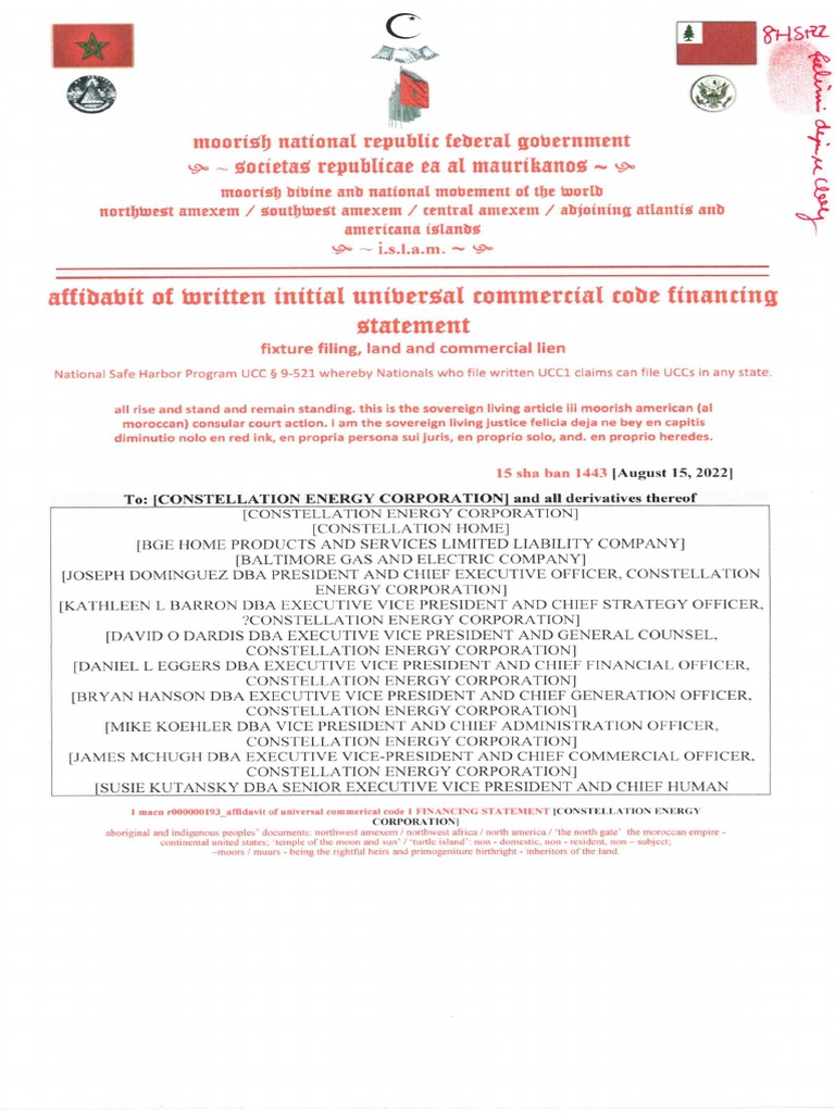 Affidavit of Written Initial Universal Commercial Code Financing Statement CONSTELLATION ENERGY ...