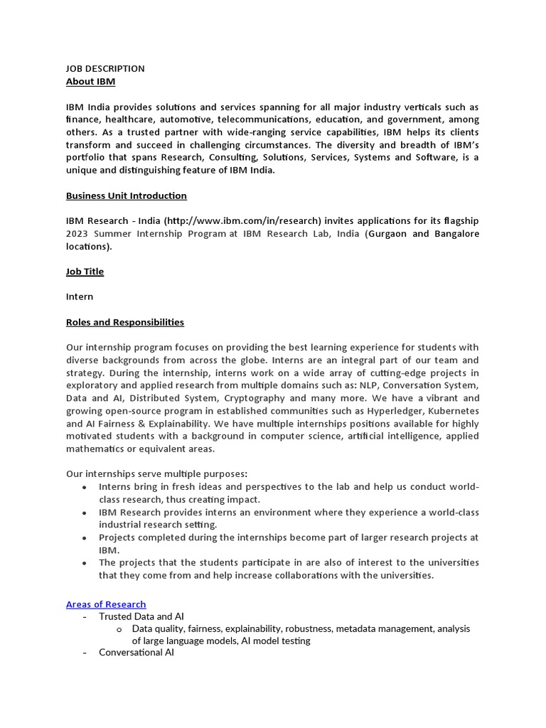 JOB DESCRIPTION - IBM - IRL - Internship JD | PDF | Artificial Intelligence | Intelligence (AI ...