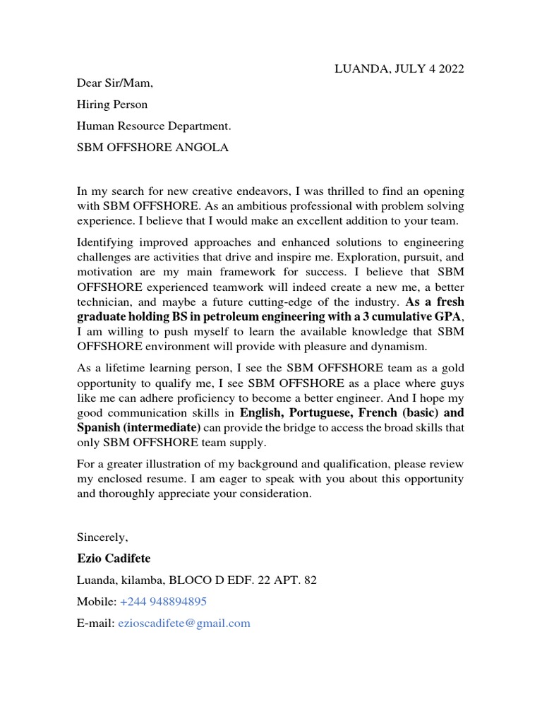 Cover Letter SBM Offshore | PDF