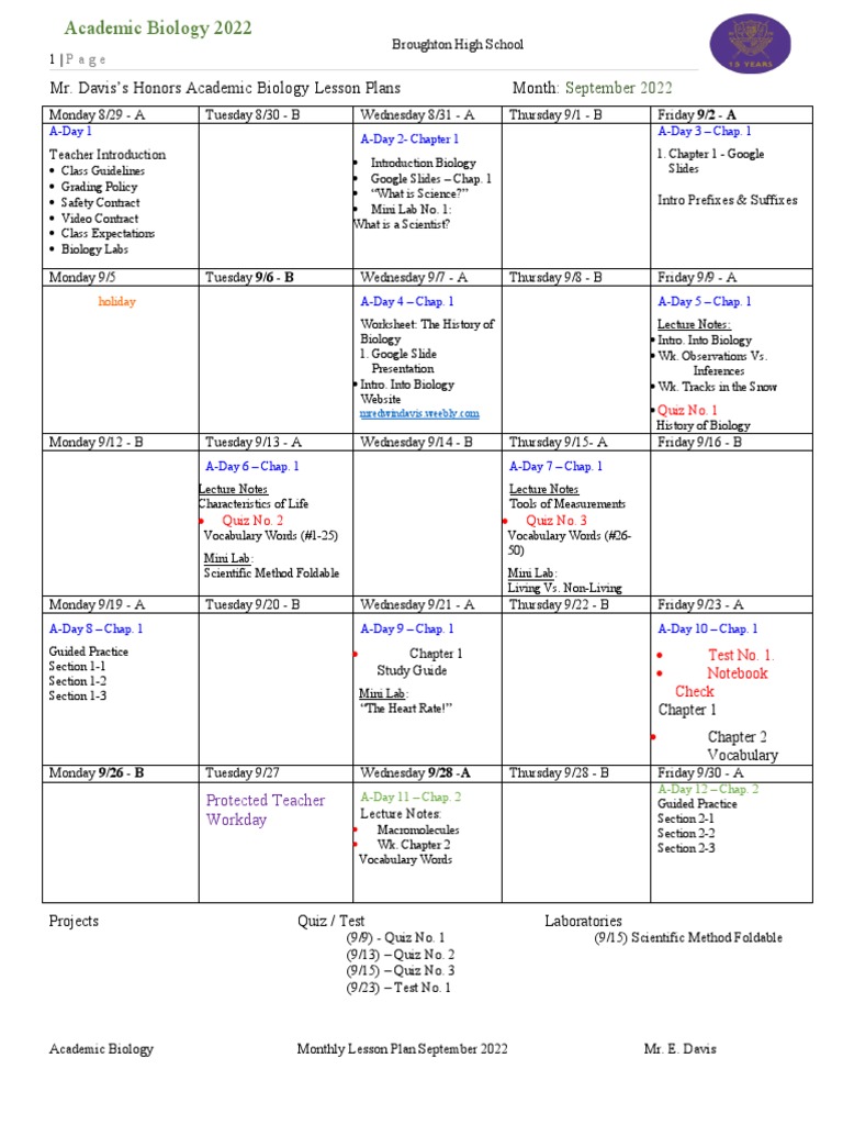 Monthly Lesson Plan - September 2022 | PDF | Science