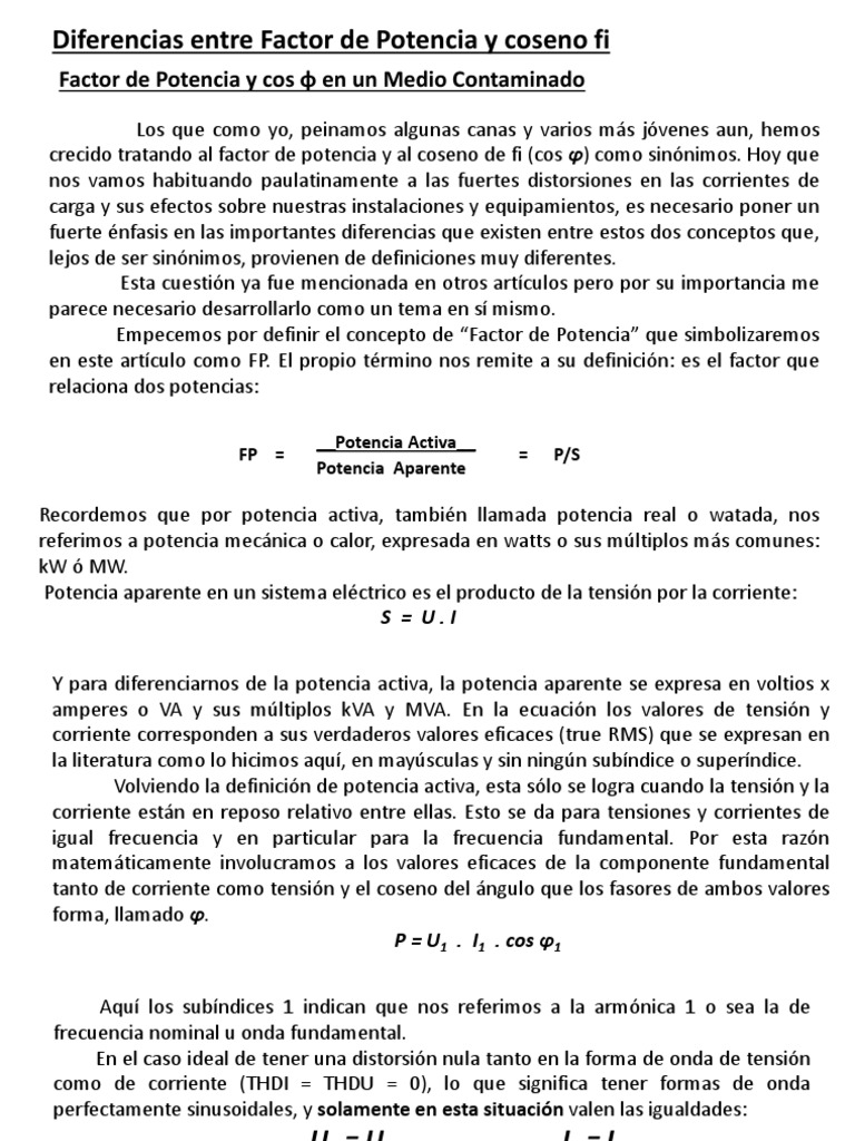 Diferencias Entre FP y Cos (Fi) | PDF | Energia electrica | Corriente ...