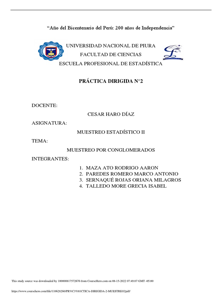 PR Ctica Dirigida 2 Muestreo2 PDF | PDF | Probabilidades y estadísticas | Muestreo (Estadísticas)